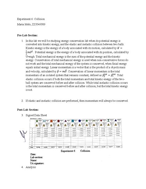 Physics 1 Lab Experiment 6 Collision Lab Report Experiment 6