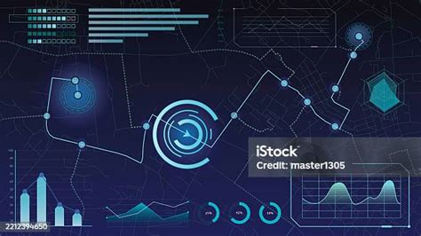 미래 지향적인 데이터는 빛나는 차트 타임라인 디지털 레이더 및 지리적 분석 요소와 인터페이스합니다 가상현실에 대한 스톡 벡터 아트 및 기타 이미지 Istock