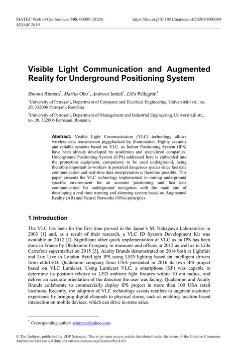 Pdf Visible Light Communication And Augmented Reality For Underground Positioning System
