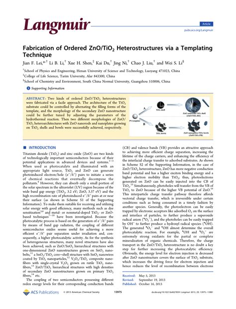 Pdf Fabrication Of Ordered Zno Tio2 Heterostructures Via A Templating Technique