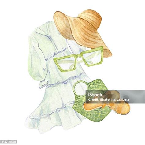 흰색 드레스 밀짚 모자 가방 선글라스 수채화 그림이 흰색으로 격리되어 있습니다 손으로 그린 여성의 여름 의상의 구성 상점 판매 잡지 포장 쇼케이스 패턴 디자인 0명에 대한