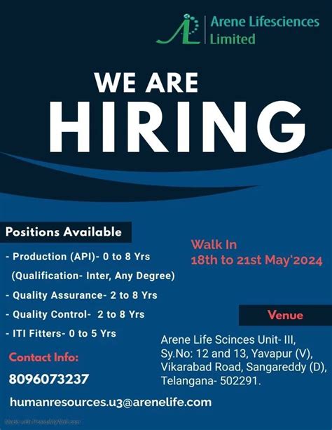 Freshers And Experienced Arene Lifesciences Hiring For Production Qa