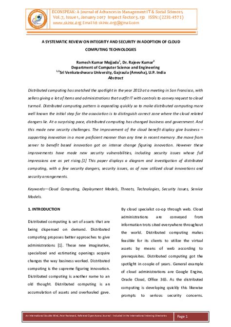 Pdf A Systematic Review On Integrity And Security In Adoption Of Cloud Computing Technologies