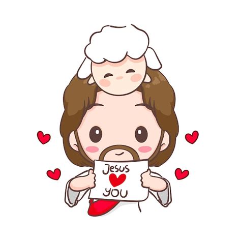 귀여운 예수 그리스도와 어린 양 만화 캐릭터 기독교 종교 컨셉 디자인 프리미엄 벡터