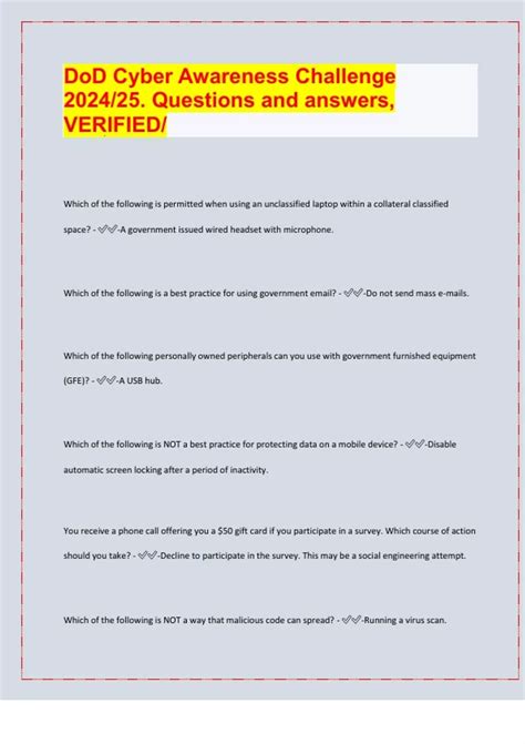 Dod Cyber Awareness Challenge 2024 25 Questions And Answers Verif 2024 25 Exam Board Exam
