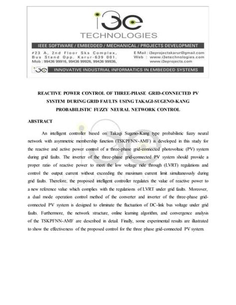 Reactive Power Control Of Three Phase Grid Connected Pv System During Grid Faults Using Takagi