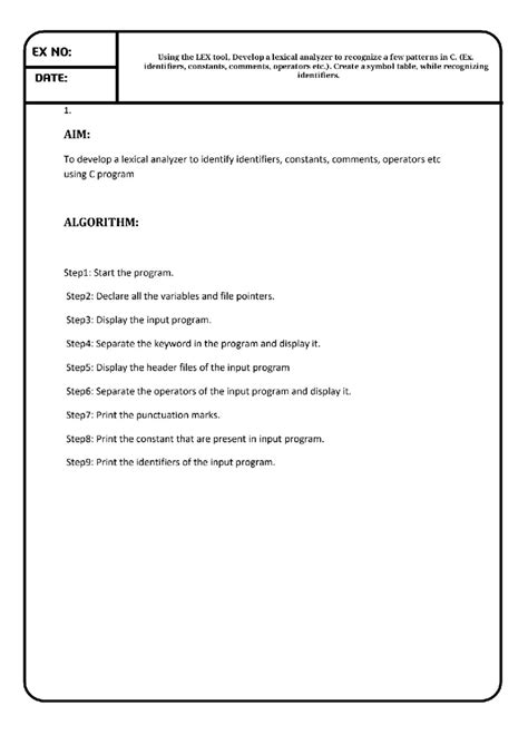 Cd Manual 1 Complier Design Lab Manual Ex No Using The Lex Tool