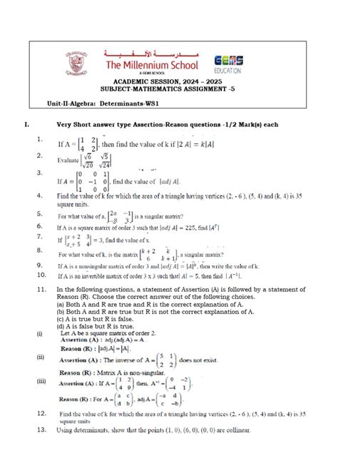 Xii Math Ws 5 Determinants Pdf Matrix Mathematics Determinant