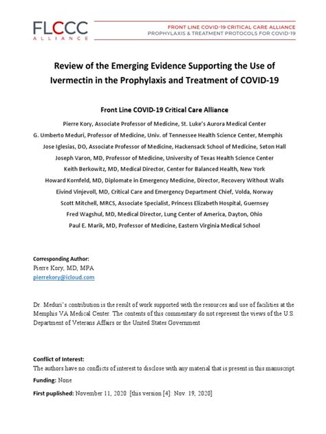 Flccc Ivermectin In The Prophylaxis And Treatment Of Covid 19 Pdf