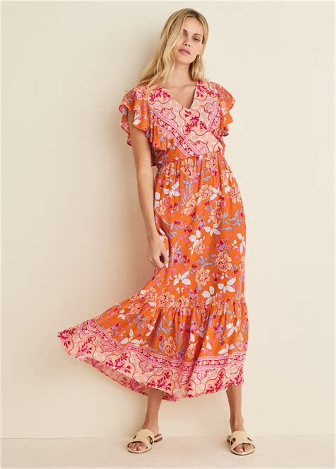 Flutter Sleeve Midi Dress Orange Multi Venus