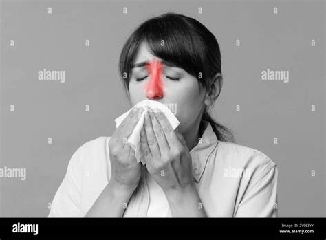 Woman With Tissue Suffering From Sinusitis Black And White Effect With
