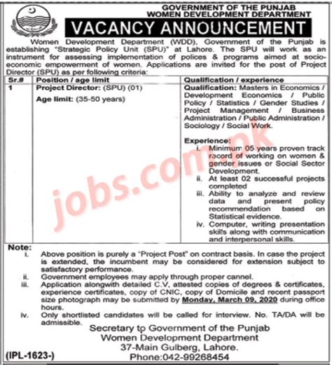 Women Development Department Punjab Jobs 2020 For Project Director On