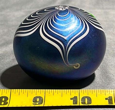 Blue Iridescent Art Glass Paperweight Terry Crider 1988 3” Metzger