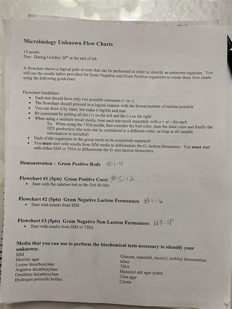 Microbiology Unknown Flow Charts 15 Points Due