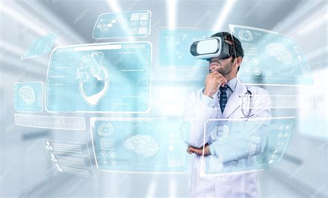 Premium Photo Doctor Wearing Lab Coat And Vr Headset While Looking At Hologram Deviation
