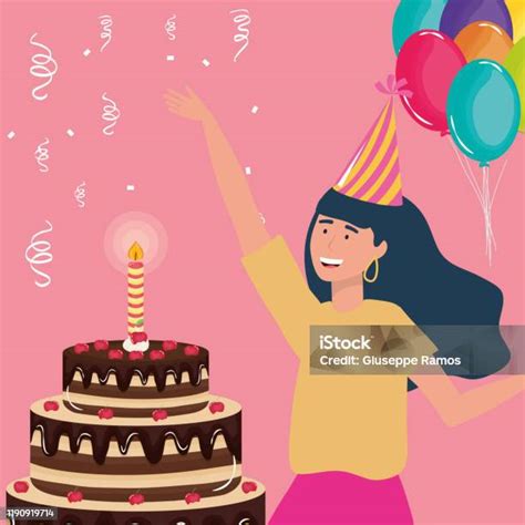 생일 축하 초콜릿 케이크와 풍선 축하 파티 이벤트 장식여자 귀여운에 대한 스톡 벡터 아트 및 기타 이미지 귀여운 기념일