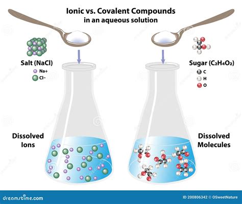 Ionic Versus Covalent Compounds In Solution Vector Illustration 200806342 Ionic Versus Covalent Compounds In Solution Vector Illustration 200806342
