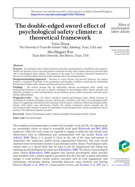 Pdf The Double Edged Sword Effect Of Psychological Safety Climate A Theoretical Framework