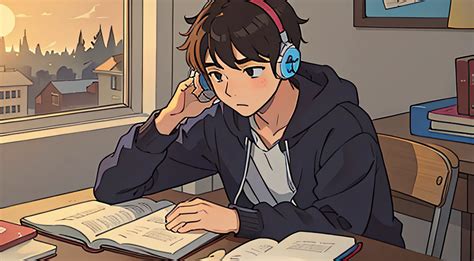 헤드폰을 끼고 음악을 들으며 책을 읽는 애니메이션 소년 Seaart Ai