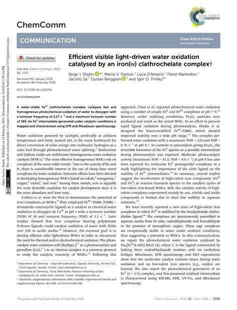 Pdf Efficient Visible Light Driven Water Oxidation Catalysed By An