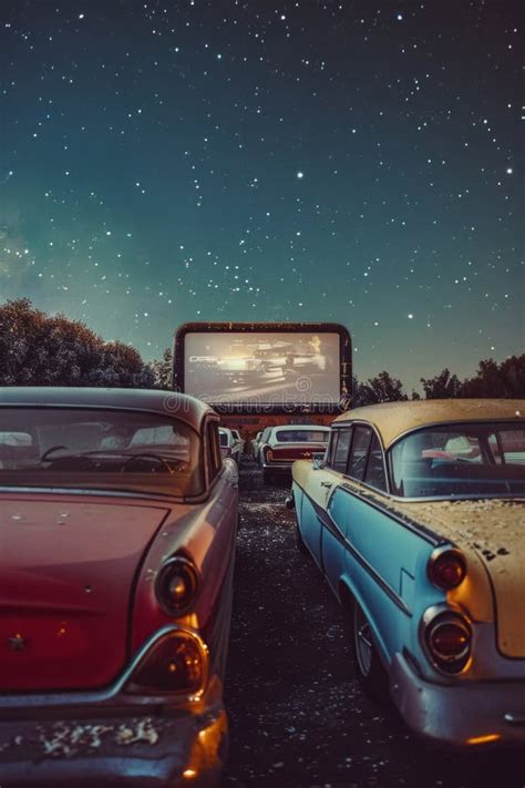 Vintage Cars Parked In Front Of A Retro Cinema At Night Stock