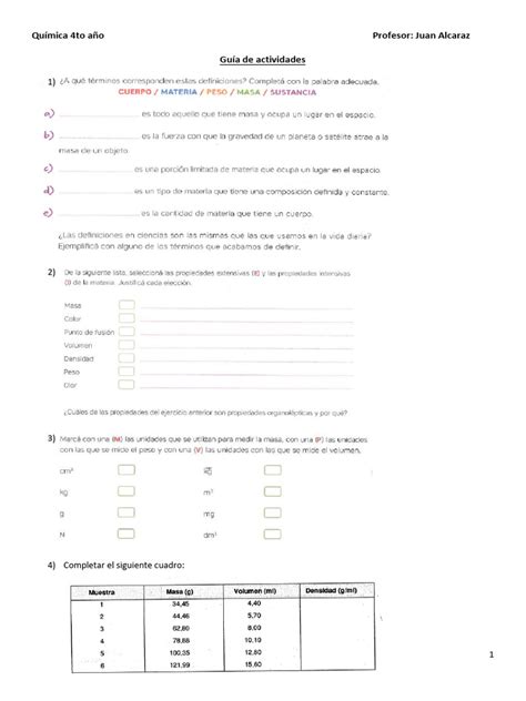Guía De Actividades Química 4to Parte 1 Pdf