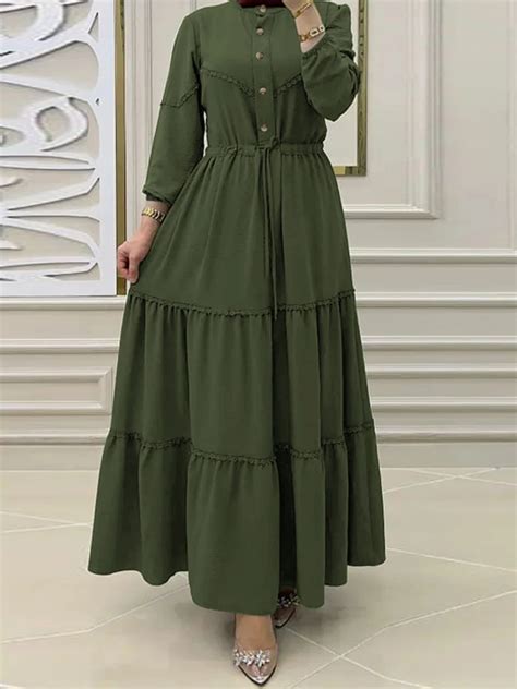 Eid Muslim Abayas For Women Dress Long Sleeve Stand Collar Dubai Long