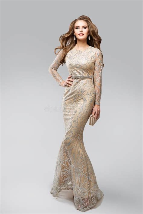 Fashion Model Evening Glittering Silver Dress Elegant Glamour Woman In