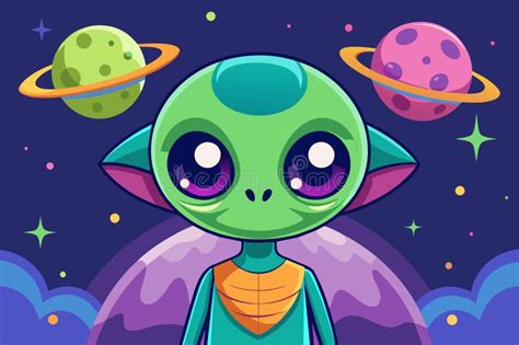 A Cute Green Alien With Big Eyes Stands In Front Of A Backdrop Of