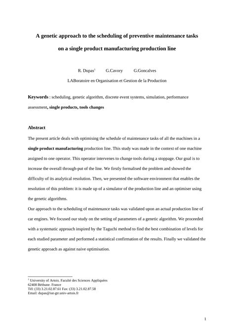 Pdf A Genetic Approach To The Scheduling Of Preventive Maintenance Tasks On A Single Product
