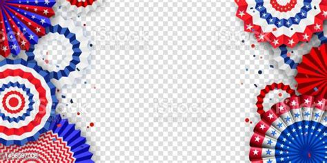 색종이 조각이 있는 생생한 빨강 파랑 및 흰색 종이 팬 7월 4일 현충일 재향 군인의 날 또는 기타 미국 애국적인 휴일 축하 행사 0명에 대한 스톡 벡터 아트 및 기타