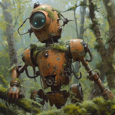 Robot Watchman Of A Secret Wilderness Sanctuary Safeguarding Old Curios