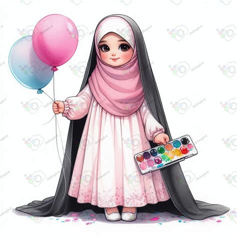 بک گراند کودکانه دختر ناز چادی با آبرنگ و بادکنک در دست کد 42396ویژه