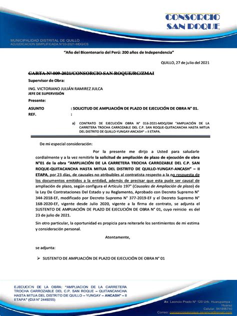 Pdf Carta 009 Ampliacion De Plazo De Ejecucion De Obra 01 Compress Pdf