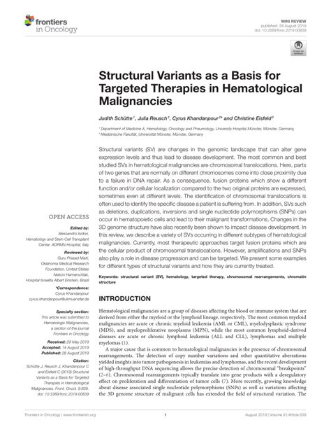Pdf Structural Variants As A Basis For Targeted Therapies In Hematological Malignancies