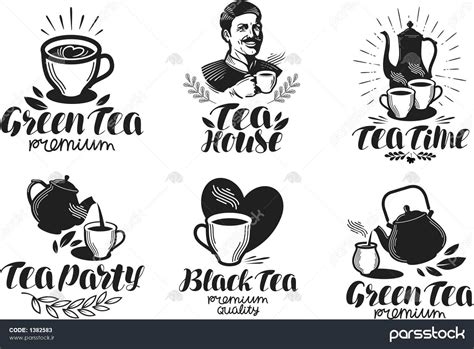 ست لیبل چای نوشیدنی نماد قوری یا لوگو وکتور با حروف دست نویس 1382583