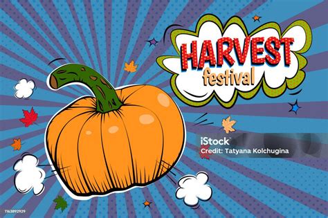 만화 광선과 하프 톤과 파란색 배경에 오렌지 호박의 벡터 배너 가리키기에 대한 스톡 벡터 아트 및 기타 이미지 가리키기 가을 건강한 식생활 Istock