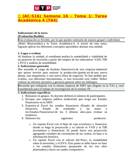 Ac S16 Semana 16 Tema 1 Tarea Académica 4 Ta4 Gerencia De Evaluacion Financera Pdf