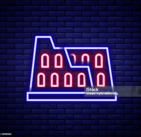 로마에서 빛나는 네온 라인 콜로세움 벽돌 벽 배경에 고립 된 이탈리아 아이콘 콜로세움 기호 고대 로마의 상징 검투사 싸움