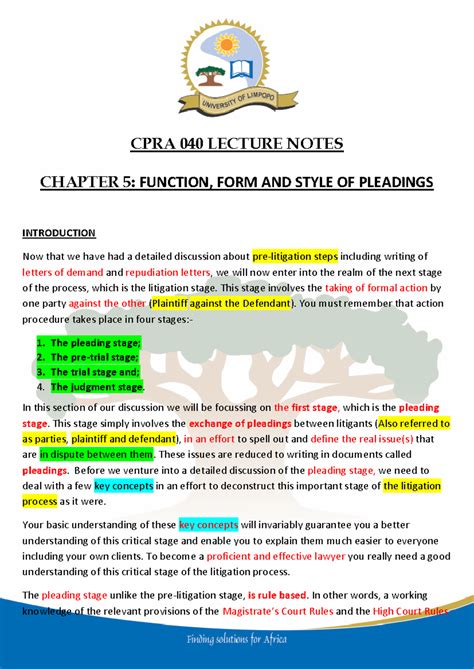 Lecture Notes Chapter Function Form And Style Of Pleadings Cpra