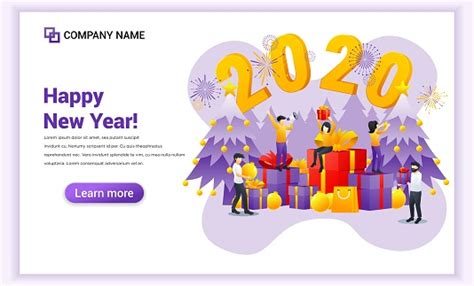 사람들은 새해 2020 개념을 축하합니다 사람들은 선물 상자와 불꽃 놀이와 함께 새해를 축하합니다 웹 배너 포스터 방문 페이지