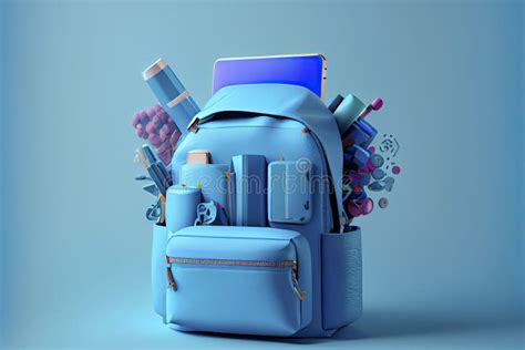 Online Learning Concept Blue Backpack With School Supplies 3d Render On
