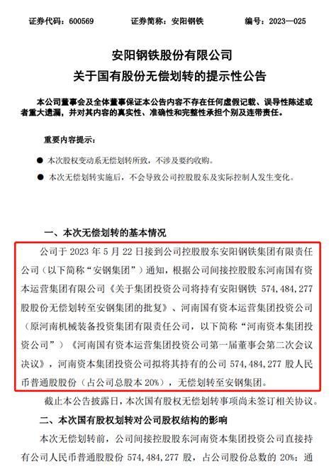 【企业快讯】河南资本集团投资公司拟无偿划转安阳钢铁20％股份至安钢集团来源公告控股