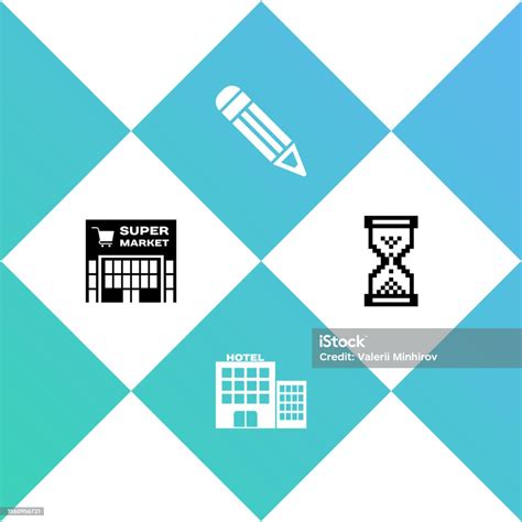 Set Supermarket Building Hotel Pencil And Hourglass Pixel Icon Vector