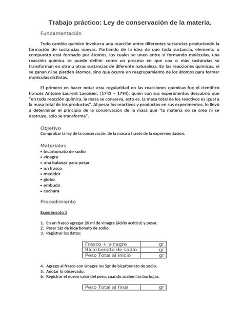 Tp Ley De Conservación De La Materia Pdf Química Vinagre