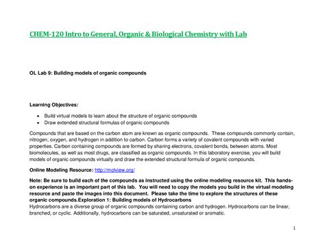 Chem120 Chem 120 Ol Lab 9 Building Models Of Organic Compounds