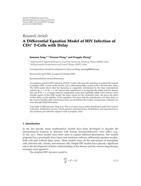 Pdf A Differential Equation Model Of Hiv Infection Of Cd 4 T Cells With Delay