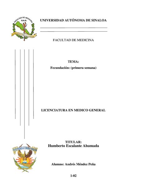 Tarea Embriología Tarea V FACULTAD DE MEDICINA TEMA Fecundación