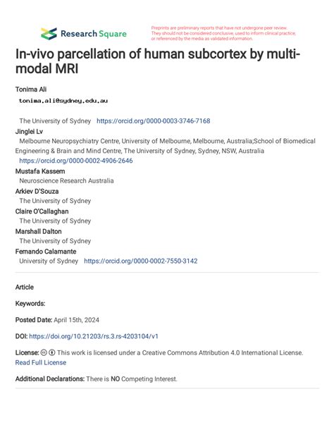 Pdf In Vivo Parcellation Of Human Subcortex By Multi Modal Mri