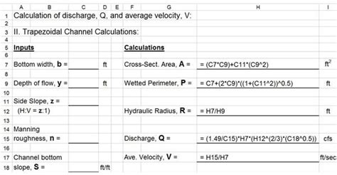 Excel Templates For Manning Equation Uniform Open Channel Flow Calculations